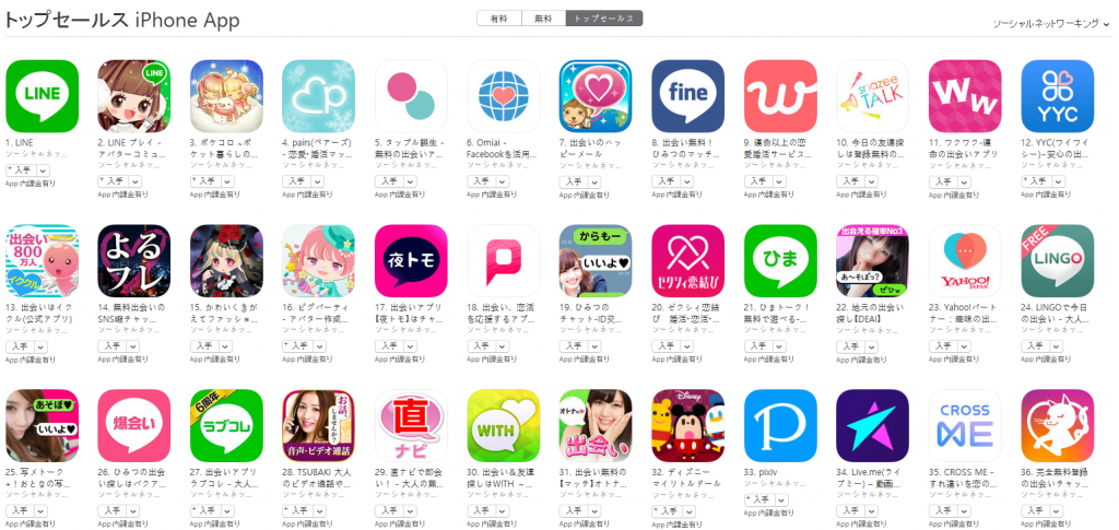 App Store（ソーシャルネットワーキング トップセールスランキング）(1/3) snazeeが10位にランクイン | 恋活アプリニュース